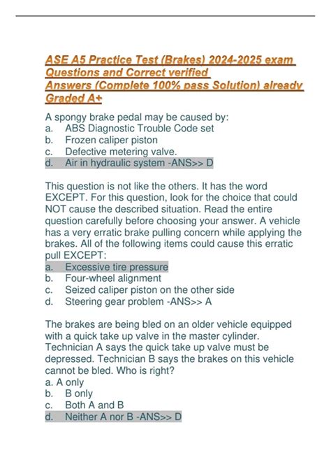 Ase A5 Practice Test Brakes Exam Questions And Correct Verified Answers Complete 100 Pass