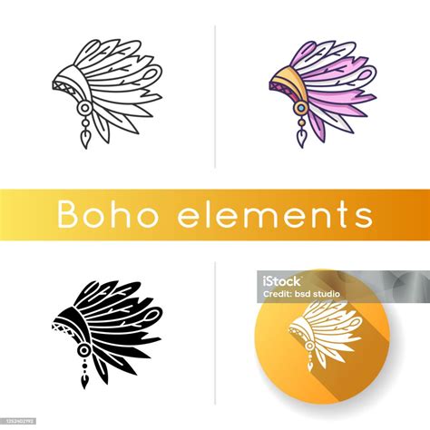 아메리카 원주민 수석 모자 아이콘 아파치 부족 의식 모자 깃털이 달린 고대 머리 장식 앤티크 헤드 웨어 리니어 블랙 및 Rgb 색상 스타일 격리된 벡터 그림 0명에 대한