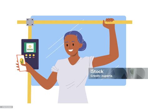 비접촉식 기술을 사용하여 지하철 또는 버스로 여행 비용을 지불하는 여성 승객 만화 캐릭터 비접촉 결제에 대한 스톡 벡터 아트 및 기타 이미지 비접촉 결제 수송