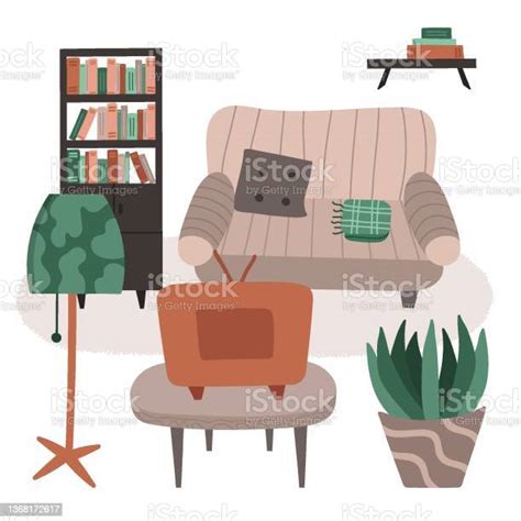 보헤미안 스타일의 거실 인테리어 소파 책장 복고풍 Tv 커피 테이블 카펫 플로어 램프가있는 라운지 만화 손 그린 그림 가구와 복고풍 집 내부 아늑한 국내 아파트 가구에 대한