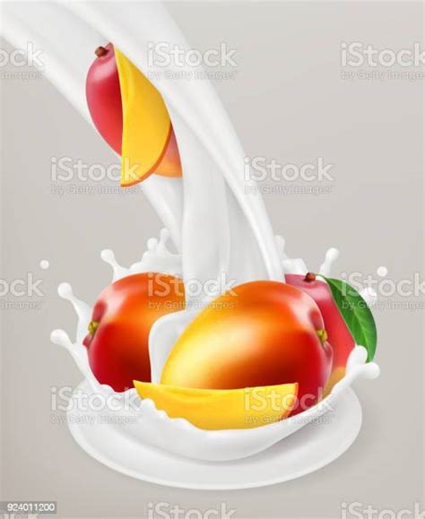 우유 스플래시 고 망고입니다 3 차원 벡터 개체입니다 천연 낙농 제품 망고에 대한 스톡 벡터 아트 및 기타 이미지 망고 물이 튀는 우유 Istock