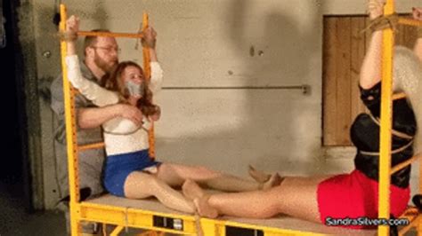 Satin Secretaries Secured To Scaffold Struggle And Squeal Through Intensive Bondage Orgasms
