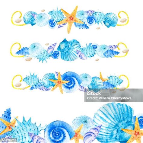 흰색 배경에 푸른 바다 조개 오렌지 불가사리와 달팽이 장식을위한 수채화 클립 아트 구성 해양 조성 엽서 디자인 템플릿 핸드 그린