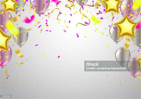 배너를 축 하 합니다 색종이와 파티 플래그입니다 벡터 일러스트 레이 션 디자인 서식 파일입니다 떨어지는 반짝 행복 한 휴일 공휴일에 대한 스톡 벡터 아트 및 기타 이미지