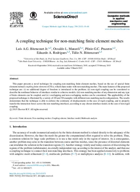 Pdf A Coupling Technique For Non Matching Finite Element Meshes