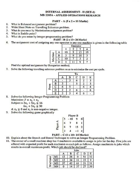 Applied Operation Research Internal Assessment 2 Set 1 Questions Paper With Solved Answers Pdf