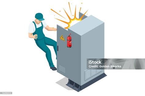 아이소메트릭 전기 배전반 변압기 배전반 전력 스위치 패널 변압기 손상 및 화재 스파크가있는 단락 등측투영법에 대한 스톡 벡터 아트 및 기타 이미지 Istock