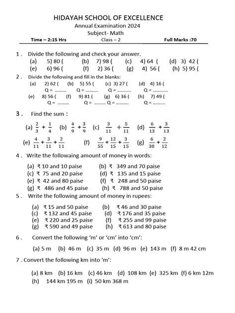 Hidayah School Of Excellence Class 2 Math Question Paper Pdf Pdf