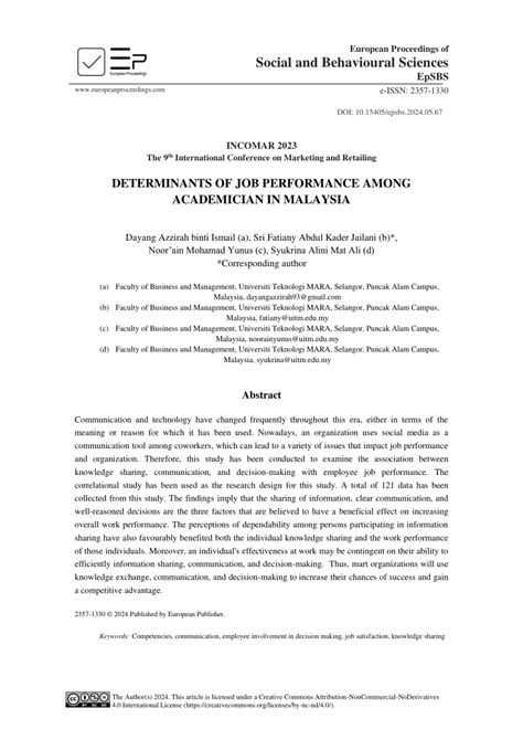 Pdf Determinants Of Job Performance Among Academician In Malaysia