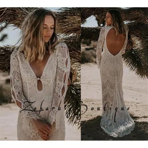 Plus Size Boho Wedding Dress Mermaid Style Lace Bridal Gown With Long Sleeves Backless Beach