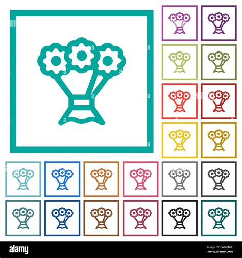 Bouquet Of Flowers Outline Flat Color Icons With Quadrant Frames On White Background Stock