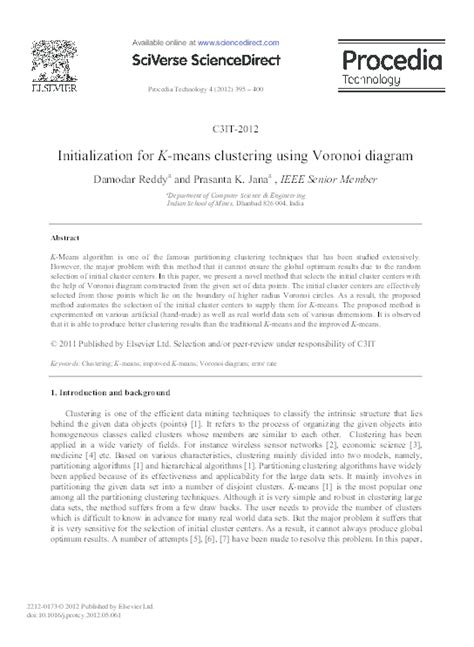 Pdf Initialization For K Means Clustering Using Voronoi Diagram Damodar Reddy And Jana