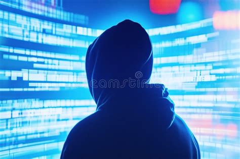 Silhouette Of A Hacker In Hoodie Overlooking Multiple Monitors In A High Tech Environment Stock