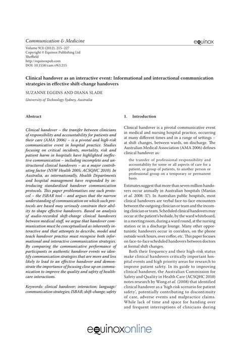 Pdf Clinical Handover As An Interactive Event Informational And Interactional Communication