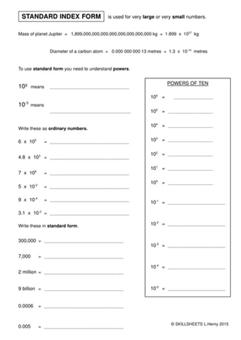 Standard Index Form By Skillsheets Teaching Resources Tes