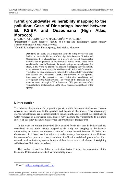 Pdf Karst Groundwater Vulnerability Mapping To The Pollution Case Of Dir Springs Located