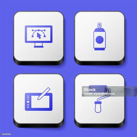 디자인 프로그램 페인트 스프레이 캔 그래픽 태블릿 및 롤러 브러시 아이콘으로 컴퓨터를 설정합니다 흰색 사각형 버튼입니다 벡터 개념에 대한 스톡 벡터 아트 및 기타 이미지