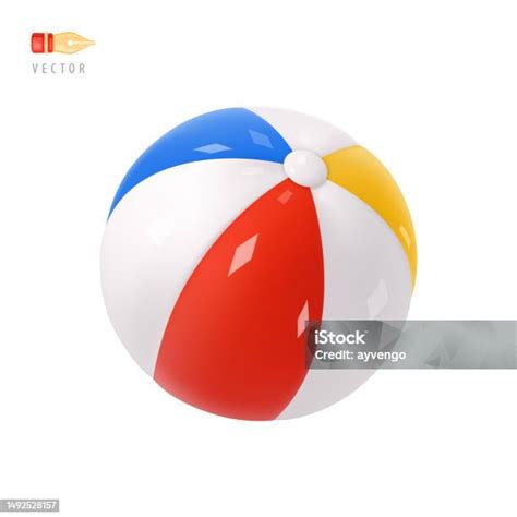 피트니스 볼 비치볼 활동적인 레크리에이션을 위한 장비 하얀 빨강 파랑 노랑 줄무늬 비치 볼 사인 흰색으로 분리된 물체 현실적인 만화 3d 아이콘입니다 이모티콘 디자인 클립