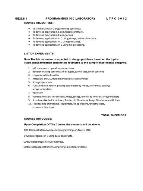 Ge23211 C Programming Lab Pdf Pointer Computer Programming C