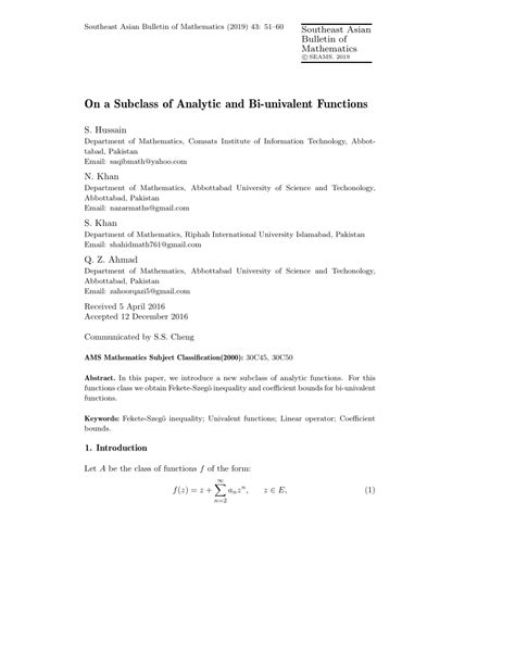 Pdf Southeast Asian Bulletin Of Mathematics On A Subclass Of Analytic And Bi Univalent Functions