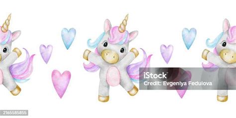 유니콘과 하트 수채화 보육원 완벽 한 테두리 귀여운 아기 배경입니다 아동 용품 의류 섬유 엽서 베이비 샤워 벽지 및 어린이 방을 위한 디자인 0명에 대한 스톡 벡터 아트 및