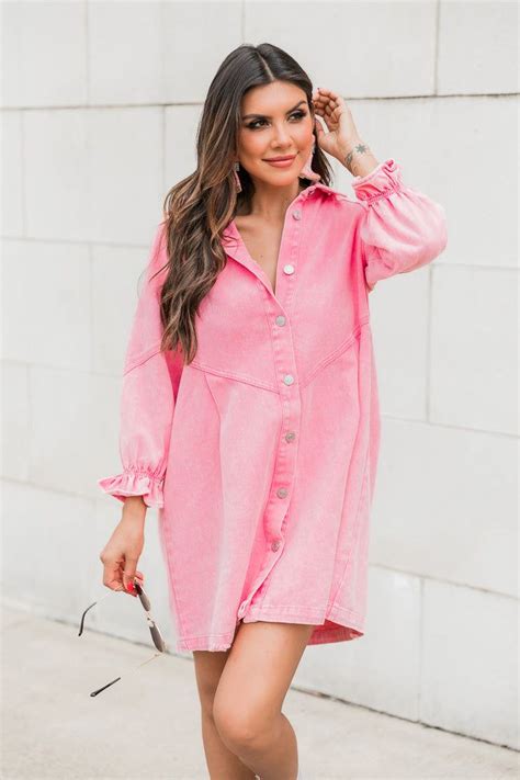 Pink Washed Denim Shirt Dress Medium