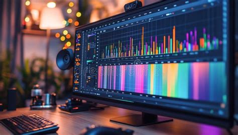Big Screen Displaying Charts And Data In Cozy Home Office Setup Stock
