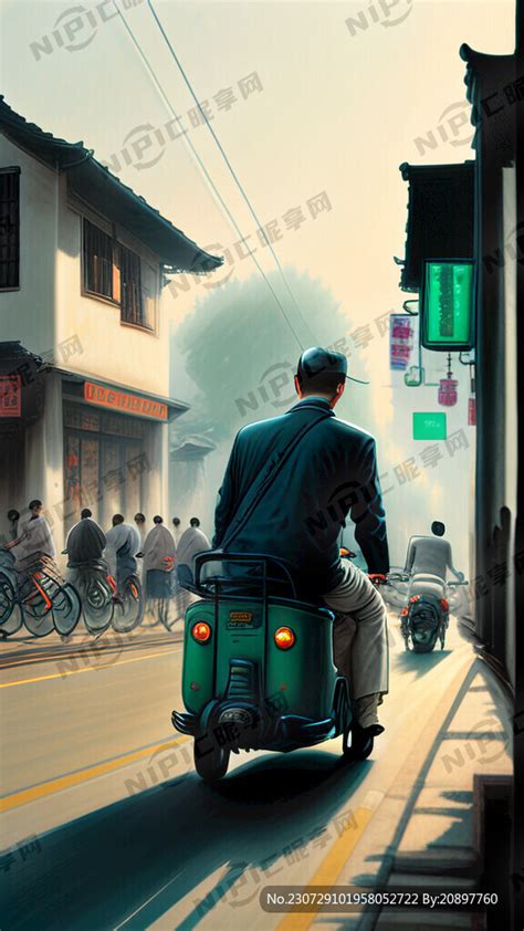 Ai创作图江南夏天的早上 骑电瓶车上班 然后通过电瓶车后视镜显示匆忙的人群 后视镜不要太大 昵图网