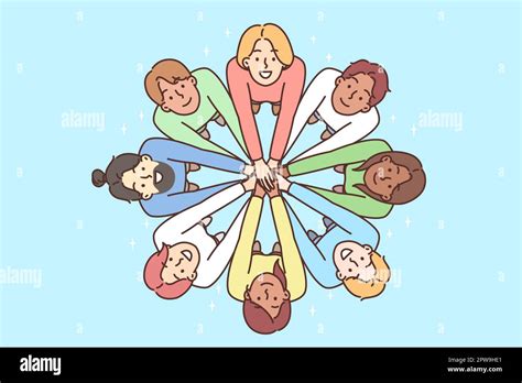 Multiracial People Stand In Circle With Hands Outstretched To