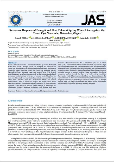 Resistance Response Of Drought And Heat Tolerant Spring Wheat Lines Against The Cereal Cyst