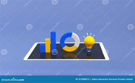 3d Render Of Bar Graph With Pie Chart Light Bulb Over Smartphone Screen On Blue Stock