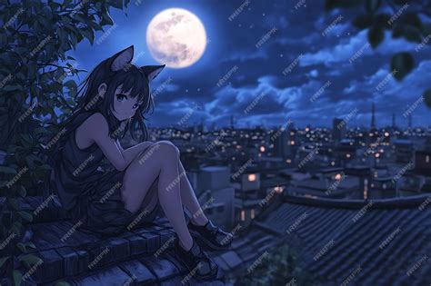 Anime Girl Sitting On A Rooftop Under The Full Moon Premium Ai