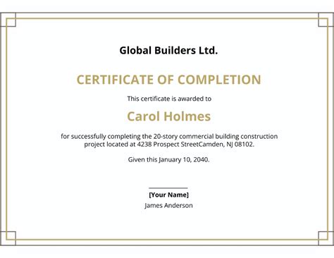 Free Certificate Of Completion Construction Templates Free Printables