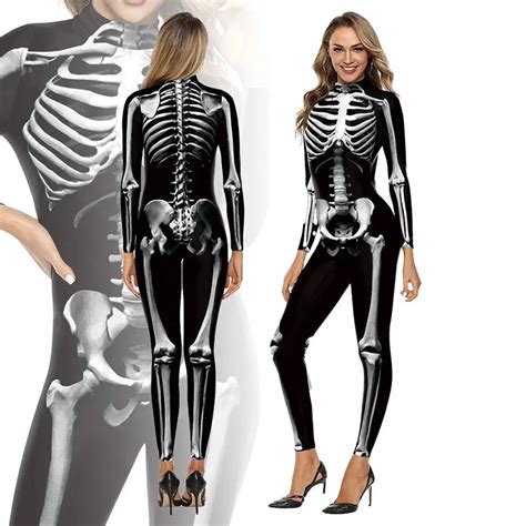 3d Printed Skeleton Cosplay Jumpsuits For Women Tight Fitting Halloween