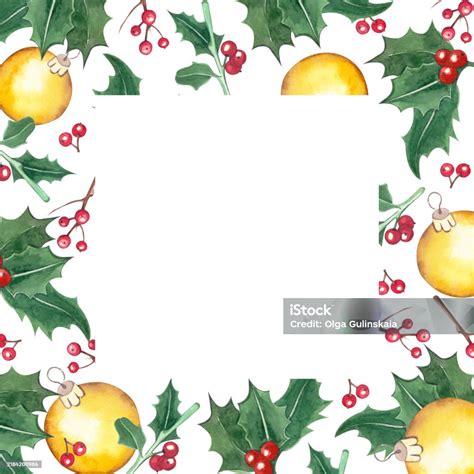 호랑가시나무 크리스마스 트리 장식 노란 공 빨간 열매로 만든 크리스마스 프레임 모든 물체는 초대장 엽서 제품 포장에 인쇄하기 위해 수채화로 손으로 칠해집니다 꽃 식물에 대한