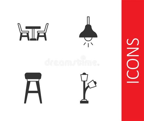 Set Floor Lamp Table With Chair Chair And Lamp Hanging Icon Vector