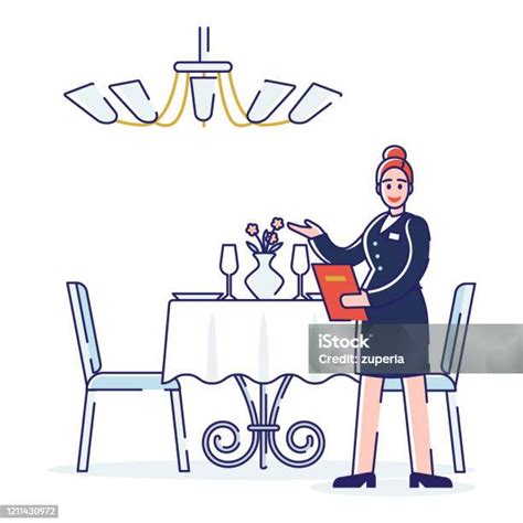 레스토랑 작업 과정 전문 서비스 개념 직장에서 레스토랑 직원 관리자 웨이트리스는 레스토랑에서 사람들을 제공하고 있습니다 만화 선형 윤곽선 평면 벡터 일러스트 관리자에 대한