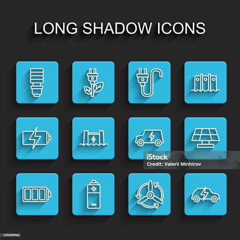 세트 라인 배터리 Led 전구 풍력 터빈 전기 자동차 수력 발전 댐 태양 에너지 패널 및 아이콘 벡터 Led 조명에 대한 스톡 벡터 아트 및 기타 이미지 Istock