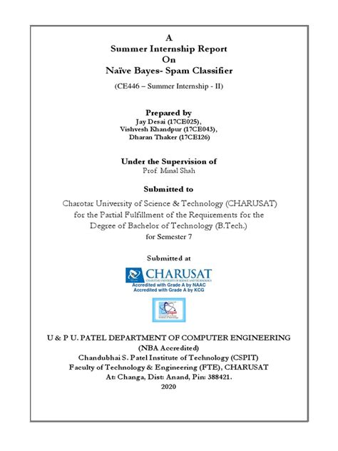 A Summer Internship Report On Naïve Bayes Spam Classifier Prepared By Pdf Artificial