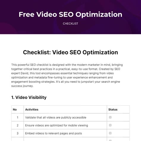 Free Video Seo Optimization Checklist Template To Edit Online