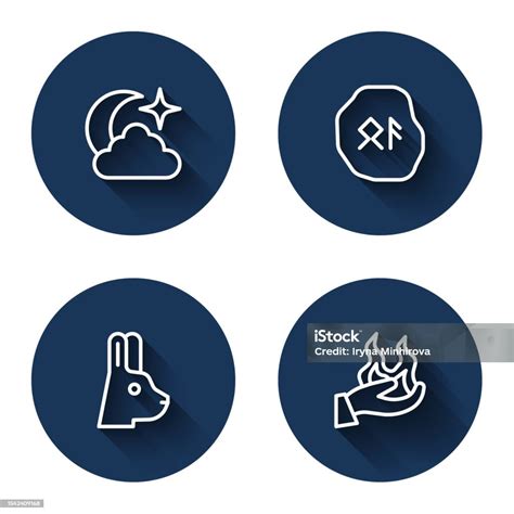 세트 라인 달과 별 마법의 룬 귀가 있는 토끼와 긴 그림자로 불을 들고 있는 손 파란색 원 버튼입니다 벡터 가득 찬에 대한 스톡 벡터 아트 및 기타 이미지 Istock