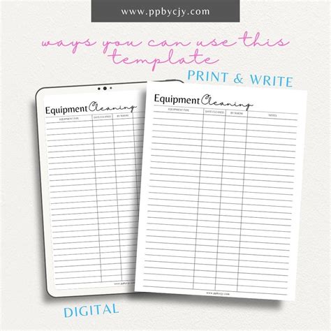 Equipment Cleaning Log Printable Template Maintenance Tracker