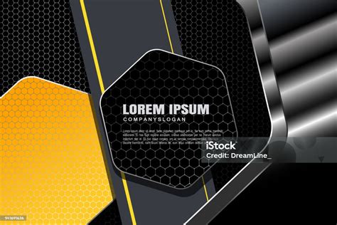 벡터 넓은 육각 그라데이션 어두운 회색 배경 검정색과 노란색 육각형 모양으로 메시 금속 프레임 비즈니스를 위한 빛 노란색 라인 스트라이프 0명에 대한 스톡 벡터 아트 및