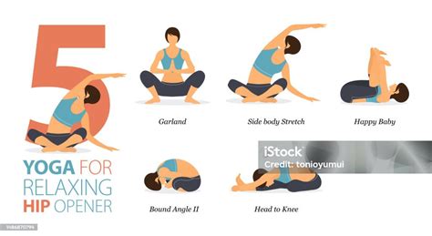 5 요가 자세 또는 아사나 자세 편안한 엉덩이 오프너 개념에서 운동 신체 스트레칭을 위해 운동하는 여성 피트니스 인포그래픽 플랫 만화 벡터입니다 5에 대한 스톡 벡터 아트
