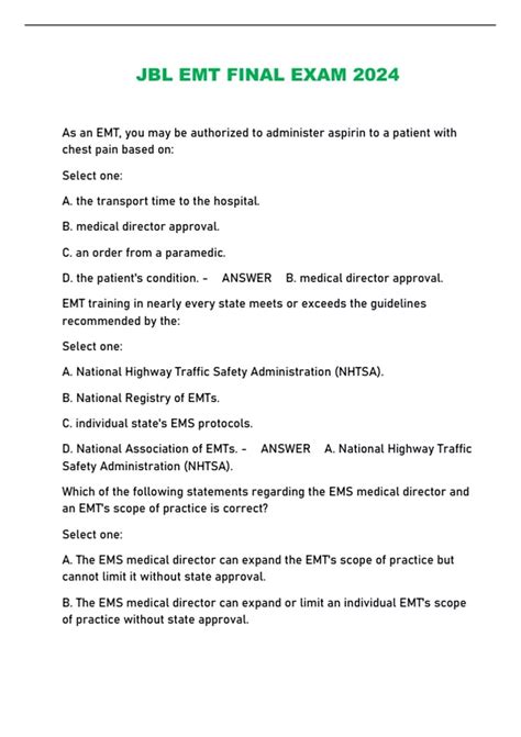 JBL EMT PACKAGED EXAMS LATEST UPDATE Stuvia US