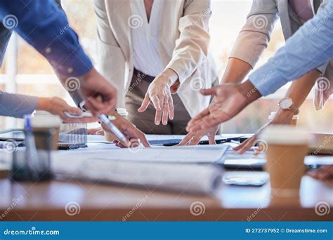 Teamwork Engineering And Hands With Blueprint Planning Construction Project In Office