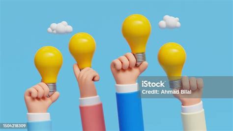 파란색 배경에 전구를 들고 있는 사람들의 3d 손 훌륭한 아이디어 경쟁 창의적인 아이디어 개념 3d 렌더링 그림 해결책에 대한 스톡 사진 및 기타 이미지 Istock