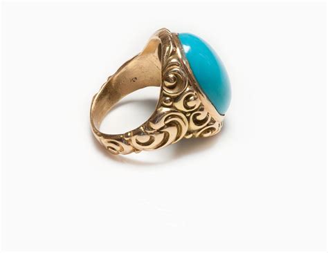 Mens Antique Carved Yellow Gold Turquoise Ring