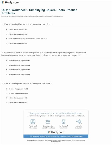 Simplify Square Roots Worksheet Elegant Quiz And Worksheet Simplifying