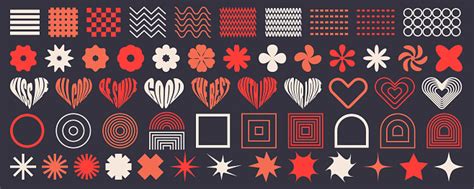 트렌디한 하트 모양 하트 텍스트 꽃 별 파도 원형 나선형 902000년대의 복고풍 미래 지향적인 미학 디자인 스티커 웹 개발 인쇄를 위한 기하학적 요소 벡터 그림입니다